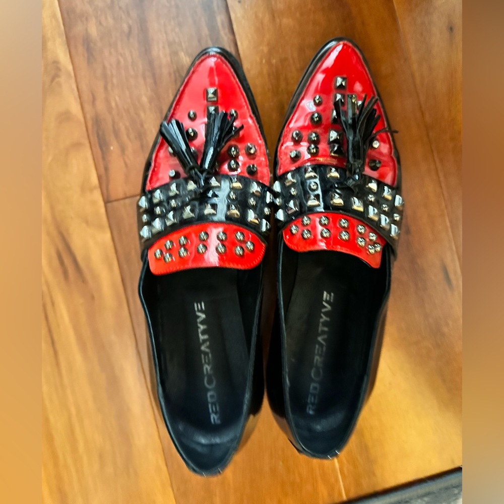 Patent Leather Studded Loafer With Tassel In Red And … - Gem